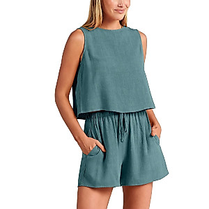 Bornpom Cotton Linen Sets for Women 2 Piece Outfits Solid Color Tank Tops Short Pants Linen Summer Matching Set with Pockets Grey Blue S