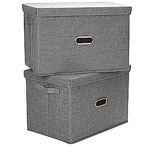 Wondersen Larger Collapsible Storage Bins with Lid (17.3x11.8x11.4 inch) Linen Fabric Clothing Storage Box Closet Organizer for Clothes Shoes Books and office stuff Light Weight 2 Pack, Grey