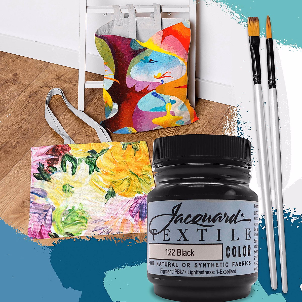 Moshify Jacquard Products Black Textile Color - Fabric Paint Made in USA - JAC1122 2.25-Ounces - Bundled Brush Set