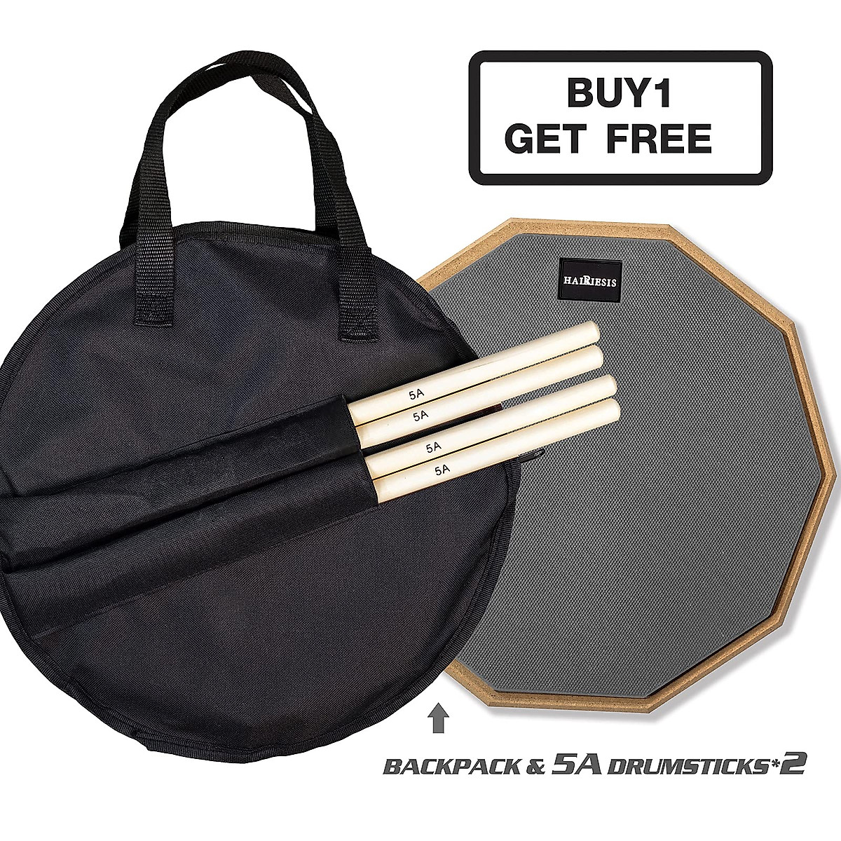 HAIRIESIS Snare Drum Practice Pad,12-Inch Practice Drum Pad,Double Sided Silent Drum Pad and Sticks,Drum Pads Carry Bag