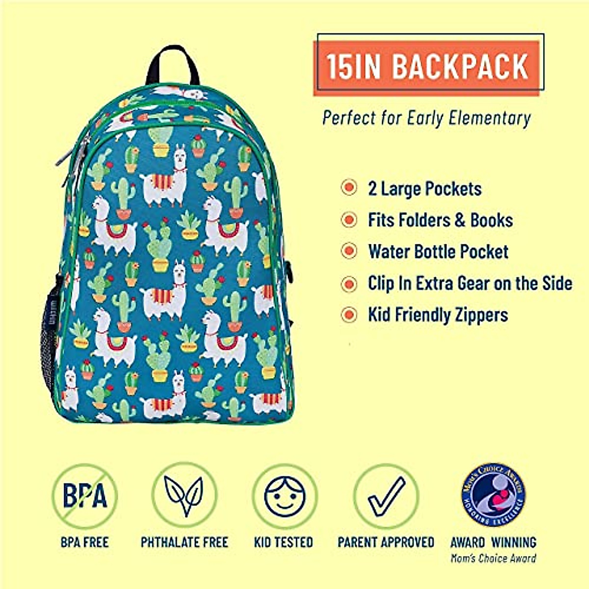 Wildkin 15 Inch Kids Backpack Bundle with Lunch Bag (Llamas and Cactus)