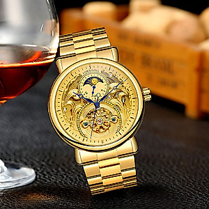 Tiong Mens Skeleton Automatic Mechanical Watch Golden Vintage Moon Phase Steel Male Wristwatch