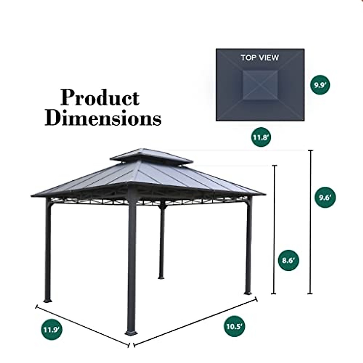 UXZDX 12 Ft. X 10 Ft. Black 2-Tier Double Roof Metal Hard Top Gazebo with Curtains and Netting