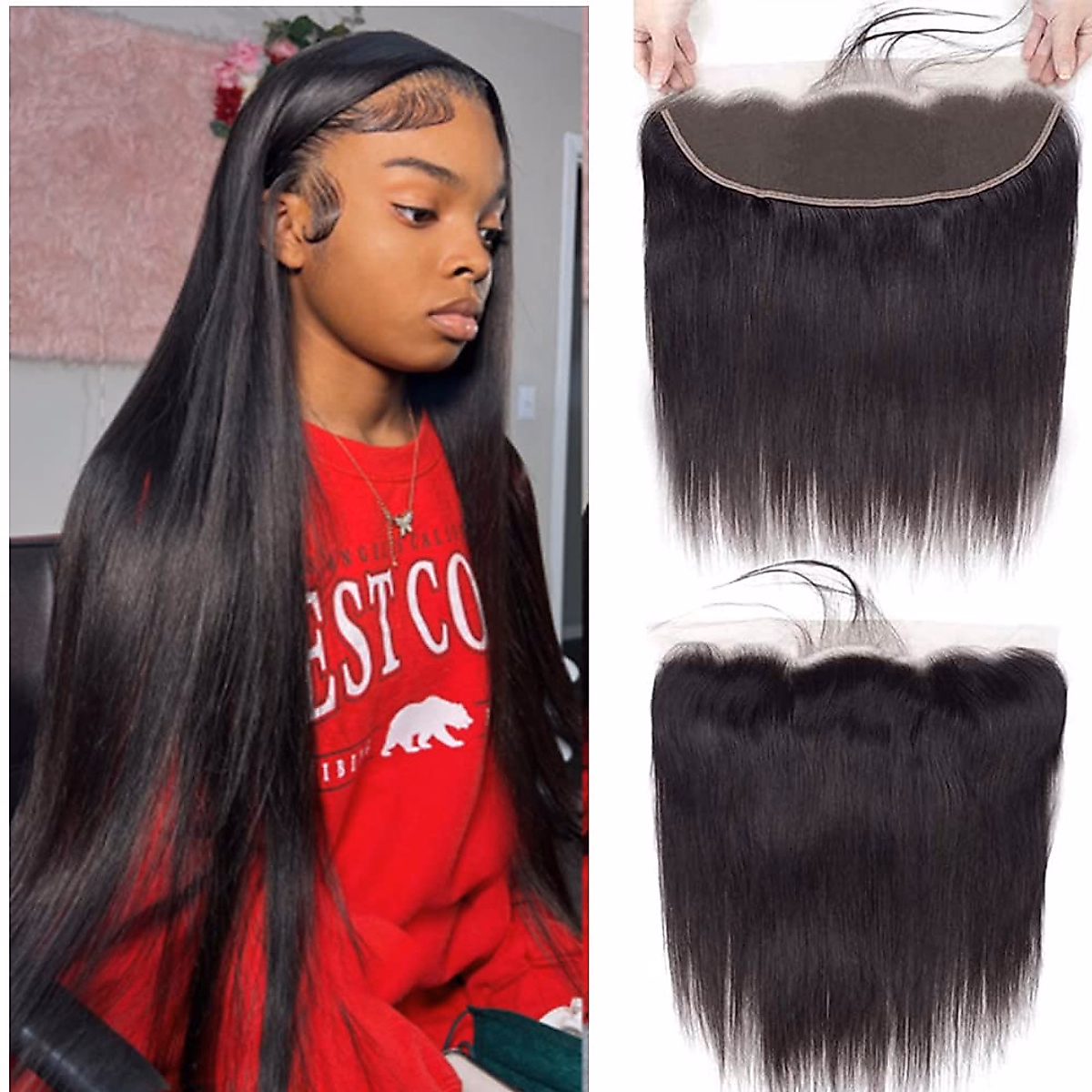 Feibin 13x4 Lace Frontal Closure 8 Inch Ear To Ear Free Part lace Closure Brazilian Silky Straight Frontal Human Hair Extension Pre-Plucked Frontal Closure Natural Black Color