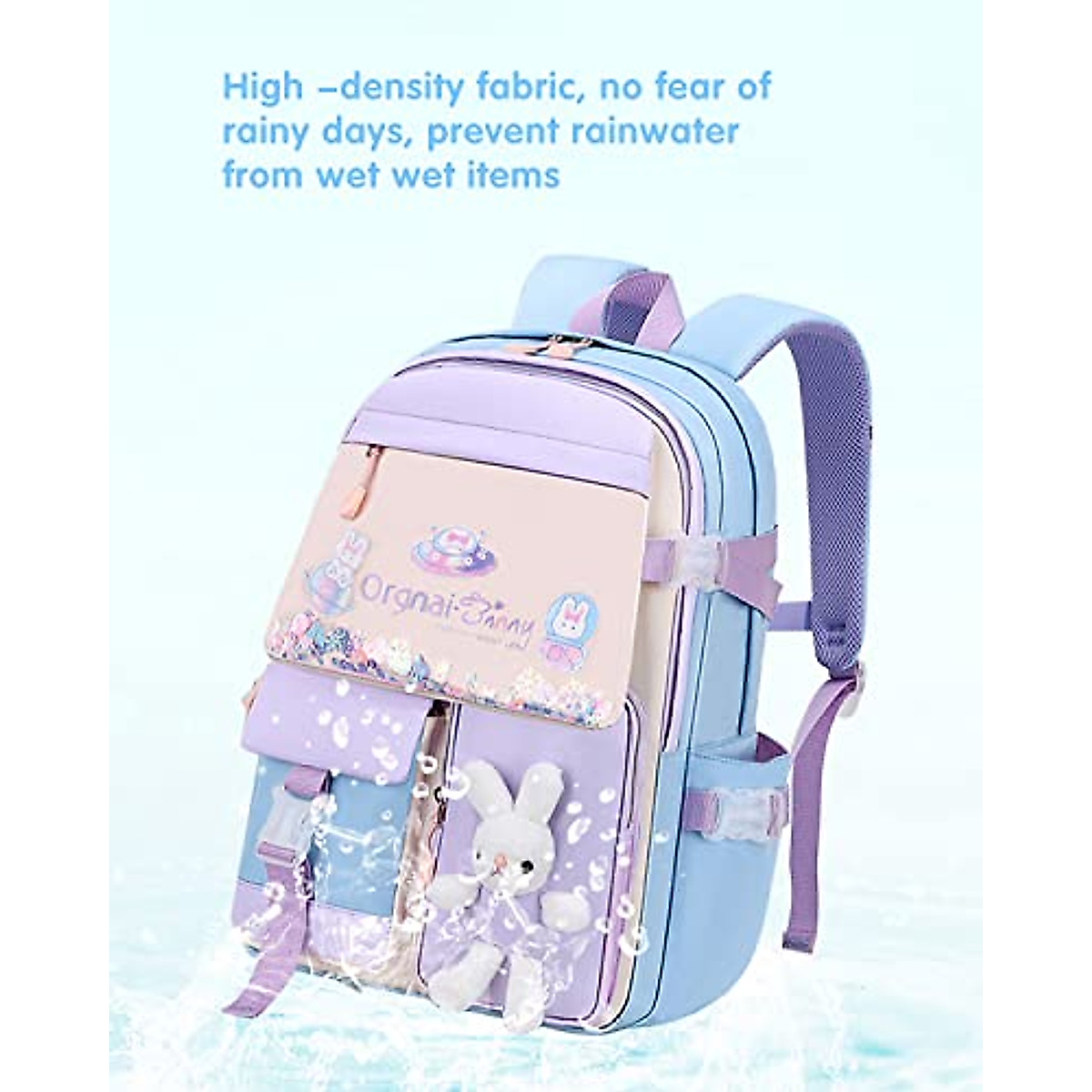 MCWTH School Backpack for Girls, Lightweight Waterproof Cute Bunny School Bookbag for Teen Kids Students Elementary (Rabbit Blue)