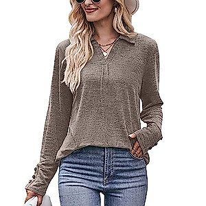 Western Tops for Women Long Sleeve V-Neck T Shirts Solid Color Button Down Blouses Loose Fit Hide Belly Fat Tunics