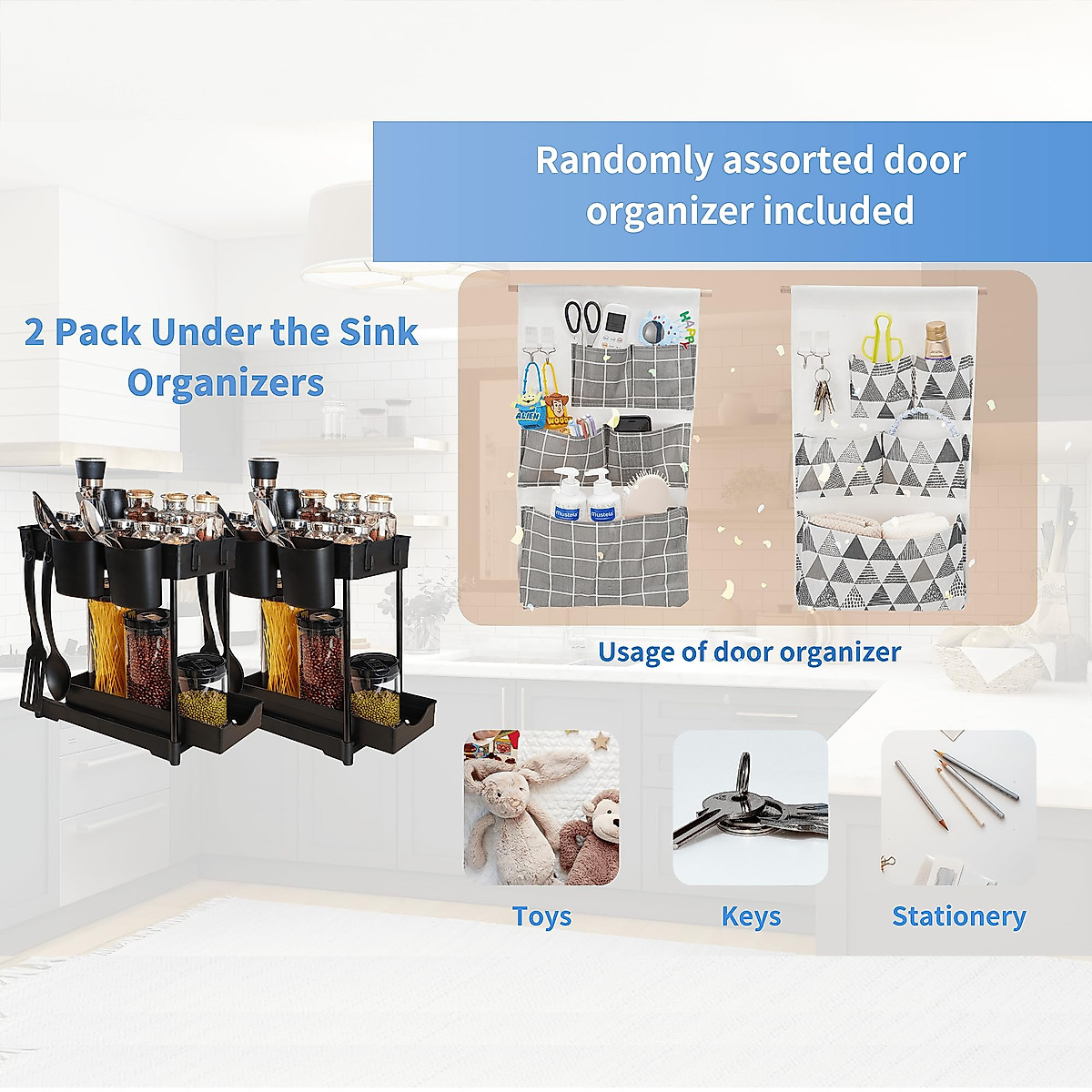 SBD 2 Pack Under Sink Organizers and Storage, 2-Tier Sliding Under Cabinet Organizer for Bathroom and Kitchen with Multi Purpose Door Organizer, 4 Cups, and 10 Hooks - Black
