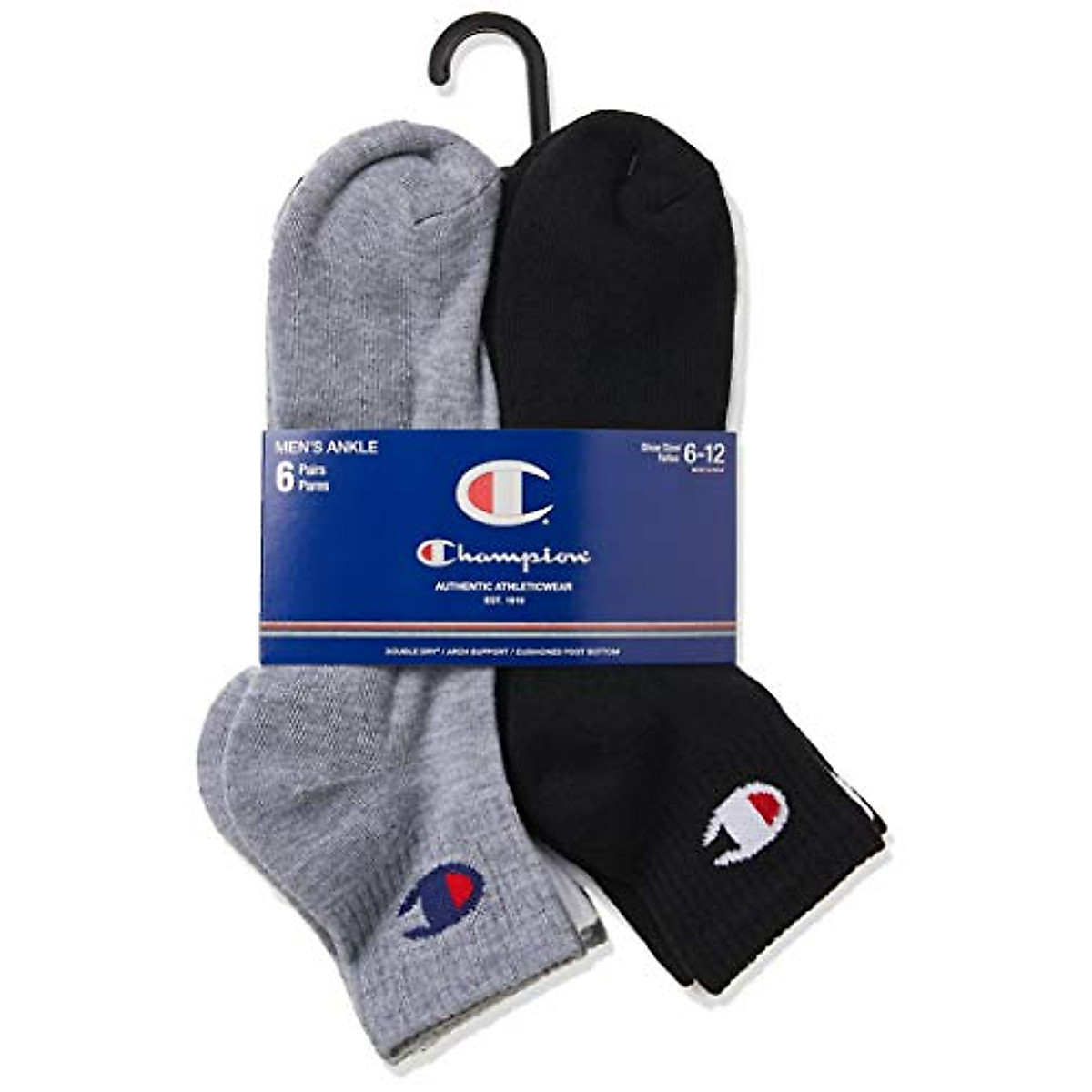 Champion Men's Double Dry Moisture Wicking Ankle Socks 6, 8, 12 Packs Availabe, White/Grey/Black-6 Pack, 6-12