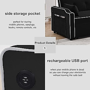 3 in 1 Convertible Sofa Bed with USB Ports, 55'' Velvet Comfy Loveseat Sleeper Sofa Couch With Cup Holders, Pull Out Couch Bed Sleeper Sofa with Storage, Living Room Furniture Set with Pillows (Black)