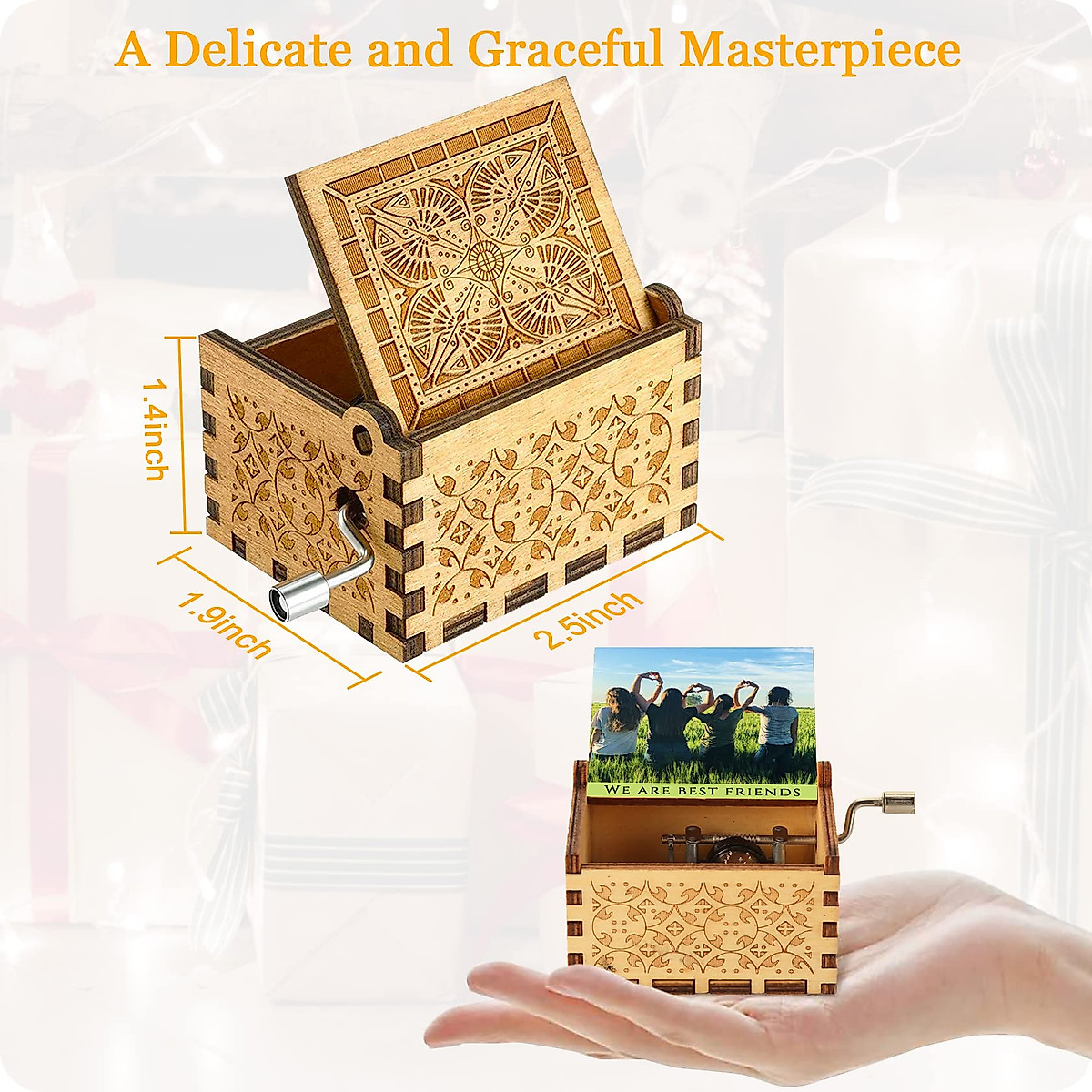 Personalized Music Box Custom Gift with Your Photo Text Wooden Hand Crank Music Box for Father's Day Mother's Day Valentine's Day Wedding Anniversary Birthday