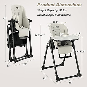 BABY JOY High Chair for Babies & Toddlers, Foldable Highchair with Adjustable Backrest/Footrest/Seat Height, Double Removable Trays, Detachable Seat Cushion, Wheels, Aluminum Frame (Gray)