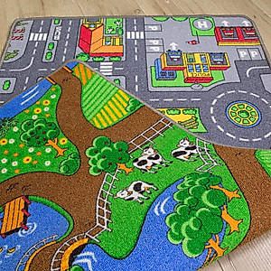 Children's Double Sided Play Village Farm Mat Town City Car Roads Rug