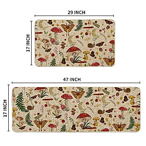 Artoid Mode Mushrooms Butterfly Spring Kitchen Mats Set of 2, Home Decor Low-Profile Kitchen Rugs for Floor - 17x29 and 17x47 Inch