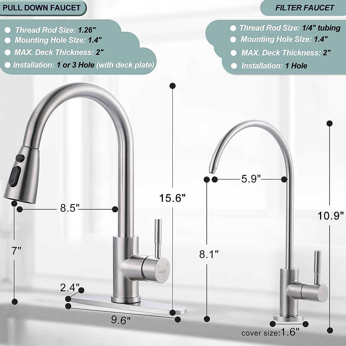 Kitchen Faucet and Water Filter Faucet Combo, WOWOW Stainless Steel Kitchen Sink Faucet with Drinking Water Faucet for Reverse Osmosis or Water Filtration System, Brushed Nickel