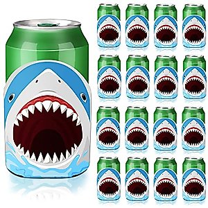 Jutom 16 Pieces Shark Party Favors Shark Can Covers Shark Birthday Party Supplies Shark Decorations Fit 330 ml Soft Can Cooler Sleeves Shark Pattern Slim Can Sleeves for Beach Party Supplies