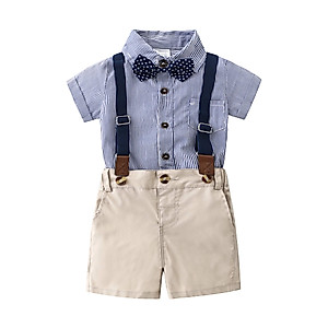 Baby Boys Gentleman Outfits Suits, Infant Short Sleeve Shirt+Bib Pants+Bow Tie Overalls Clothes Set,6-9M