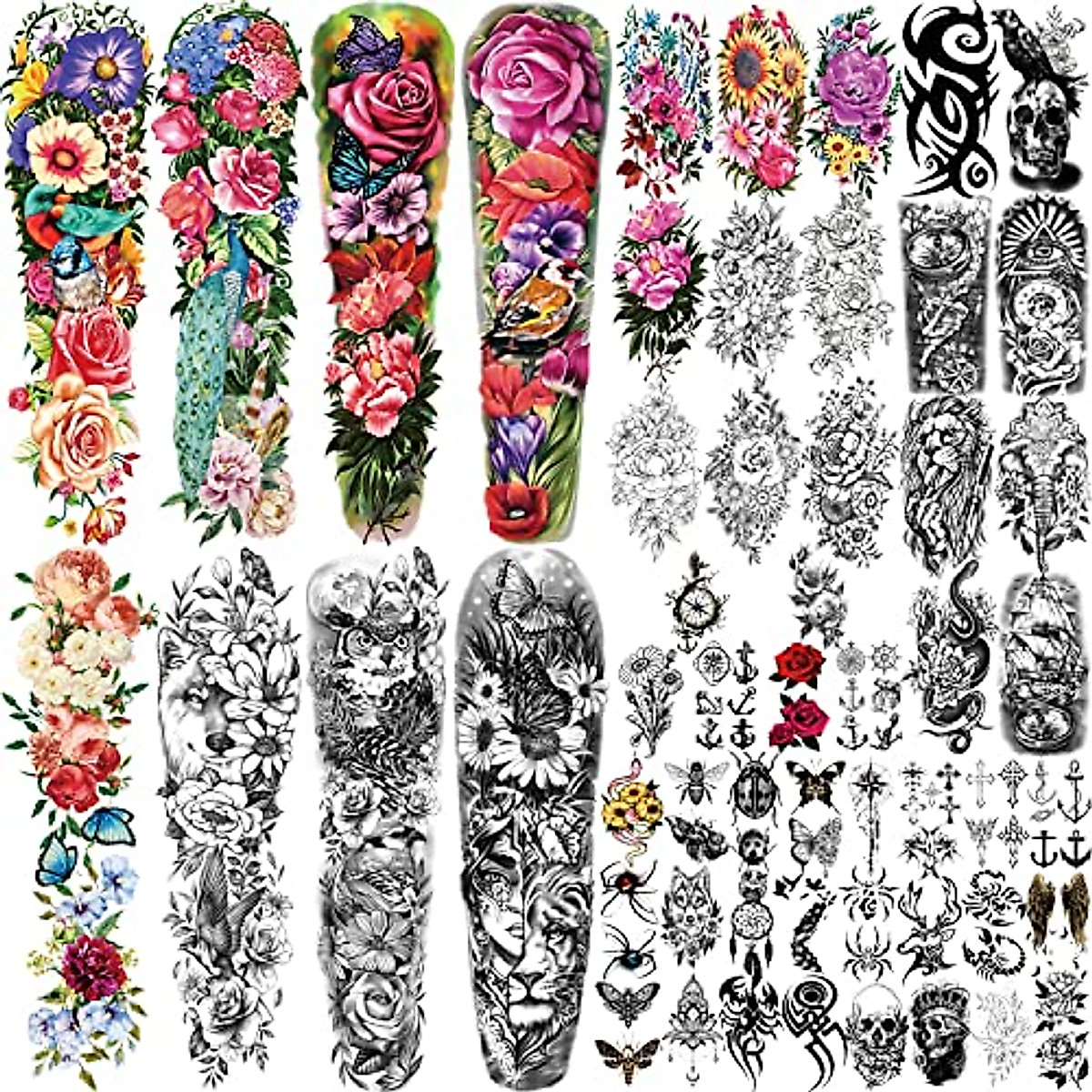 55 Sheets Temporary Tattoo for Men and Women, 8 Full Arm Fake Tattoos, 17 Half Arm Fake Skull Flower Tattoos, 30 Tiny for Adults Kids Body Shoulder Tattoos Stickers Waterproof Realistic Long-Lasting