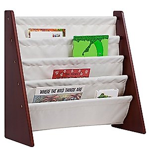 Wildkin Kids Canvas Sling Bookshelf for Boys and Girls, Wooden Design Features Four Fabric Shelves, Keep Bedrooms, Playrooms, and Classrooms Organized, Measures 25 x 24 x 11 Inches (Cherry w/ Tan)