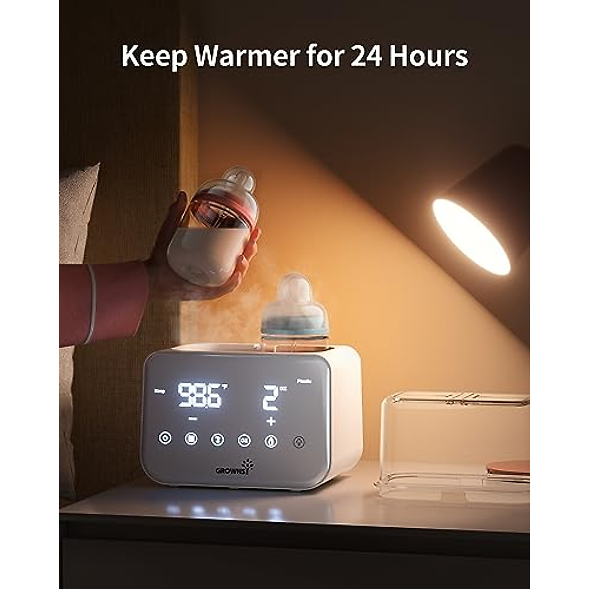 Baby Bottle Warmer, Grownsy 10-in-1 Fast Bottle Warmer Accurate Tem Control, with LCD Display, Timer, Defrost, Sterili-zing, Keep 24H, Double Bottle Warmer for Breastmilk& Formula, Heat Baby Food Jars