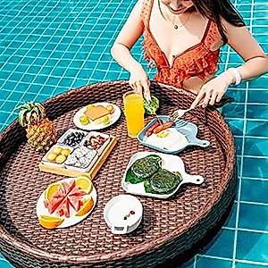 ENPAP Rattan Woven Serving Tray Floating Breakfast Table Serving Buffet Round Tray Drink Holders for Swimming Pool Beach Party Refreshment Durable Foam UV Resistant (Color : Brown, Size : 80cm)