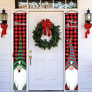 Rainlemon Welcome and Merry Christmas Gnome Porch Banner,Black and Red Buffalo Check Plaid,Front Door Sign Decoration