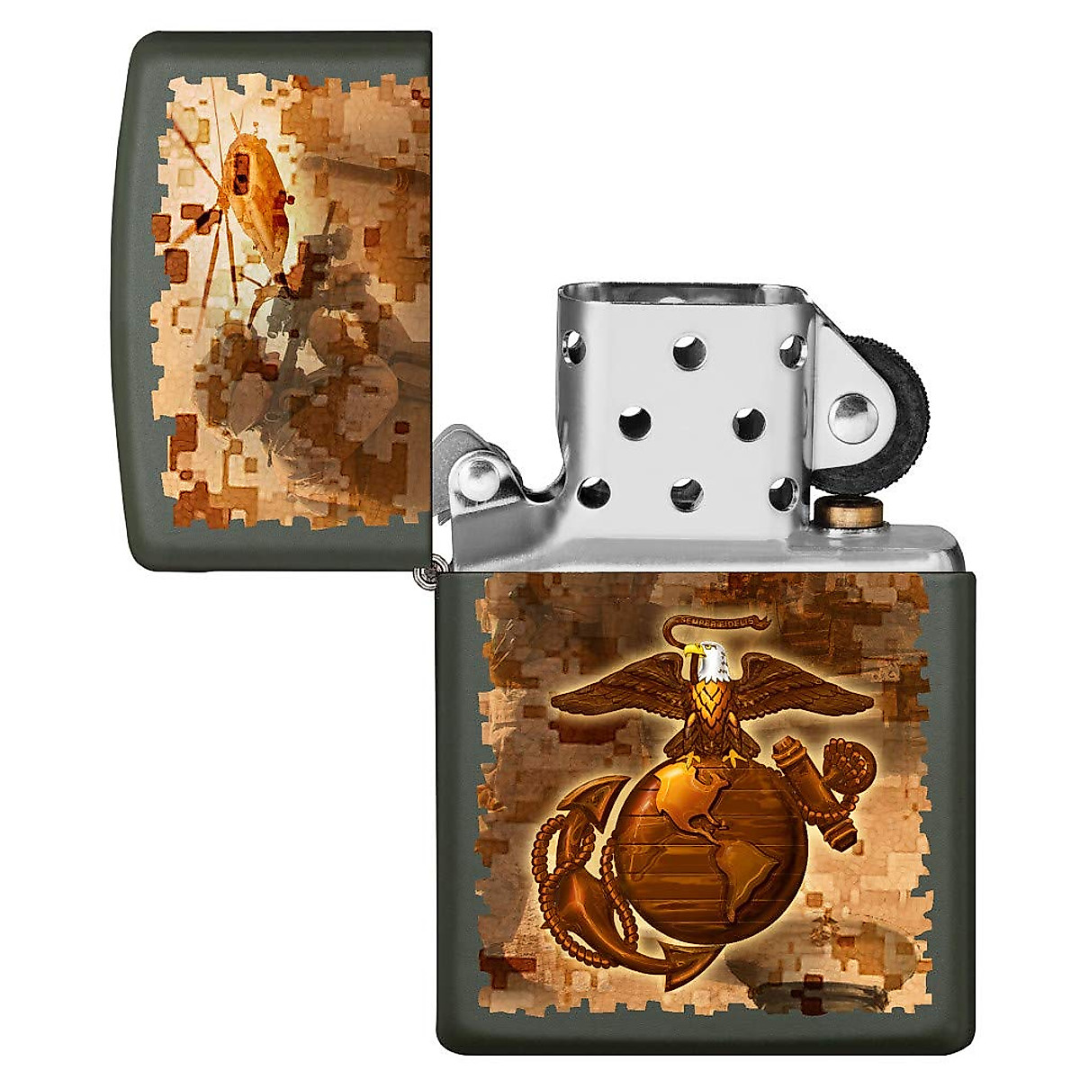 Zippo USMC Camo Soldier Green Matte Pocket Lighter, Green Matte Camouflage, One Size
