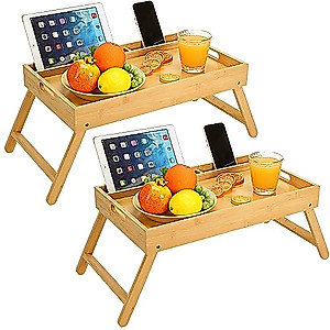 Leinuosen 2 Pcs Large Bed Tray Table with Media Slot 19.7 Inch Bamboo Breakfast Food Tray with Handles Folding Legs Portable Laptop Pad Desk TV Snack Tray for Eating, Reading, Working