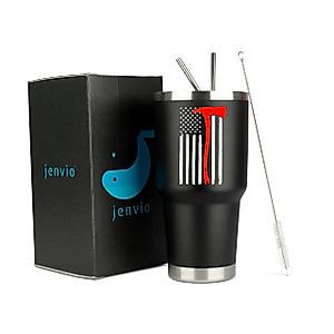 JENVIO Firefighter Gifts for Men | Stainless Steel Travel Tumbler/Mug with Two Lids and Gift Box | Thin Red Line Flag Design for Fireman Gift | Christmas Department | First Responder