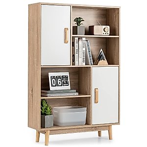 Giantex Storage Cabinet with Legs, Floor Cabinet with Doors, Shelves, Anti-Tipping Device, 4-Tier Bookshelf for Books & Photos, Tall Cupboard in Bedroom, Living Room, Kitchen Buffet Sideboard (White)