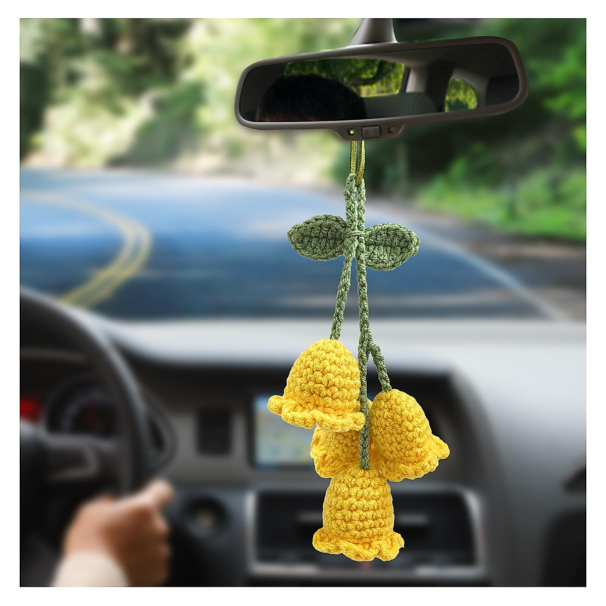 Kewucn Car Mirror Hanging Accessories, Bellflower Hand Knitted Auto Pendant, Vehicle Rear View Mirror Hanging Ornament Decoration, Suitable for Car, Handbag, Backpacks, Keychain (Yellow)