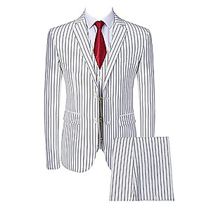 Mens 3 Piece Pinstripe Suit Slim Fit Casual Dress Suits Blazer + Vest + Pants US Size 38 (Asian Size 3XL) White