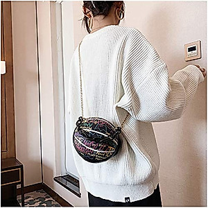 Women's Graffiti Letter Basketball Shaped Purse Girls Mini Round Handbag Fashion Cute Handle Bag Shoulder Cross Body PU Leather Messenger Bags Removable Shoulder Strap (Black)
