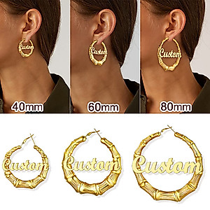 Custom4U Personalized Gold Hoop Earrings with Name Custom Bamboo Elegant Earrings Memory Jewelry Gifts for Women
