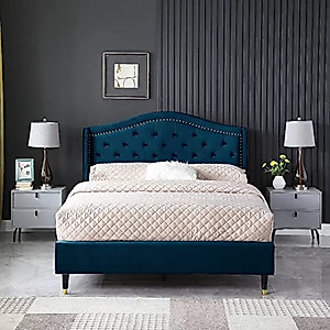 Morden Fort Blue Velvet Bed Frame Wood Platform, Upholstered Platform Bed with 51” Headboard, Heavy Duty Bed Frame with Wood Slat Support, No Box Spring Required, Easy Assembly, California King