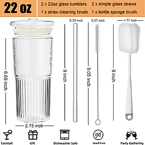 ALINK Glass Cups with Glass Lids and Straws, 22 oz High Borosilicate Clear Iced Coffee Glass Tumblers, Drinking Glass Smoothie Tea Water Cups, Pack of 2 with Cleaning Brush