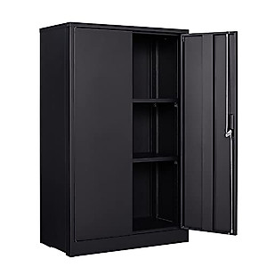 GREATMEET Metal Storage Cabinet with Locking Doors, Metal Cabinet with 2 Adjustable Shelves, Office Garage Steel Storage Cabinet with Door and Shelf(3 Shelves, Black)
