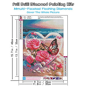 KINPLUB Beach Diamond Painting Kits for Adults, Flowers Heart Diamond Art Kits, 5D DIY Full Drill Seaside Butterflies Paint with Diamonds, Crystal Gem Art for Home Wall Decor 12 x 16 Inch