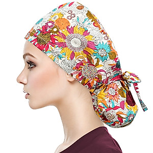 QBA Adjustable Working Cap with Button, Satin Lined Hat, Cotton Working Hat Sweatband, Elastic Bandage Tie Back Hats for Women & Men, One Size