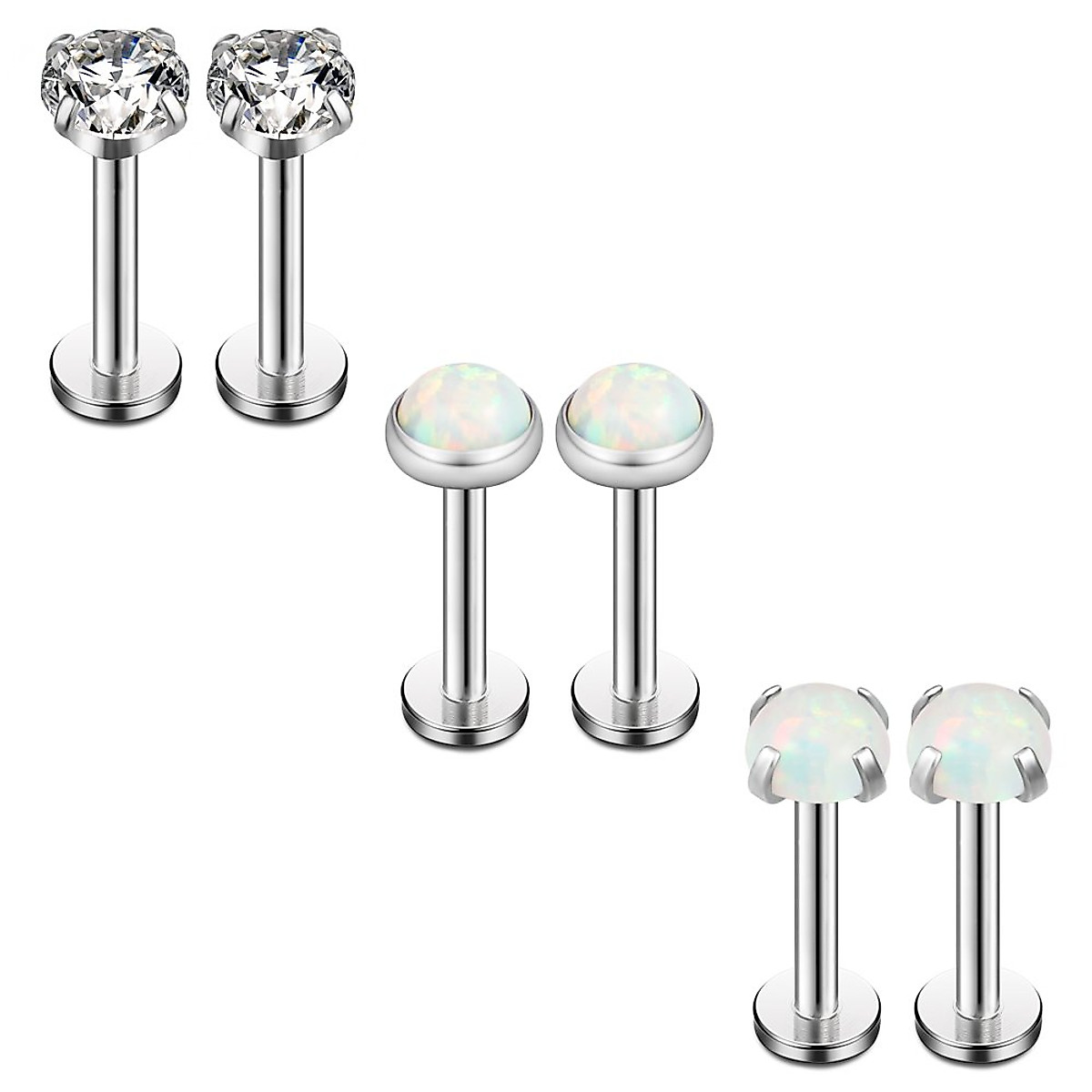 Ruifan 4mm White Opal & Clear CZ Internally Threaded Stainless Steel Labret Monroe Lip Ring Tragus Helix Earring Stud 16G 1/4" 6mm 6PCS