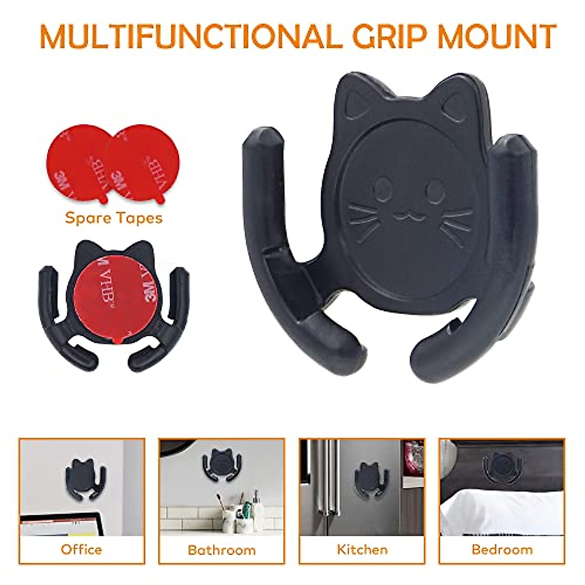HOMEFOX Multi-Surface Holder Car Mount 3 Pack Compatible for Popsocket Holder Grips Hand-Free Device Support Accessories Home Office Desk Wall Mount Cute Cat with Strong Adhesive Sticky Gel Pad, Black