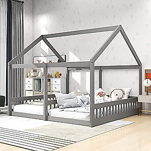 Merax Double Twin Kids House Shaped Low Platform Beds, Wood Floor Bed Frame for Boys, Girls, No Box Spring Needed Easy Assemble (Twin,Grey