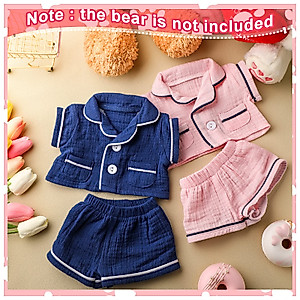 2 Sets Bear Clothes Stuffed Animal Clothes Bear Accessories Pink and Blue Bear Pajamas Clothes Double Layer Muslin Short Sleeve Top and Bottom Pajamas Fits Most 14-18 Inch Bears