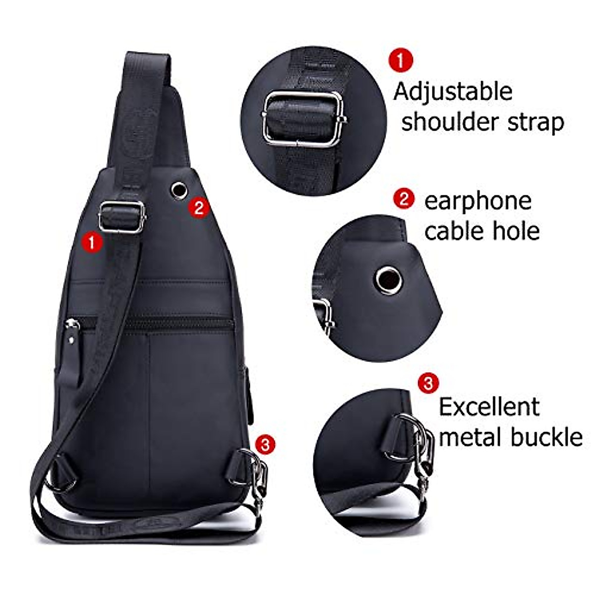 BULLCAPTAIN Genuine Leather Men Sling Bag Travel Crossbody Chest Bag Large Capacity Casual Hiking Daypack (Black)