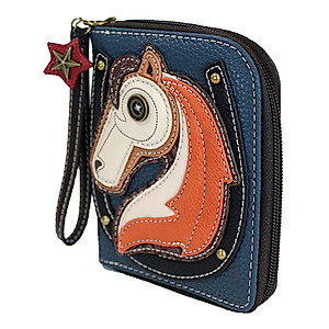 CHALA Zip Around Wallet, Wristlet, 8 Credit Card Slots, Sturdy Pu Leather - Horse - Navy