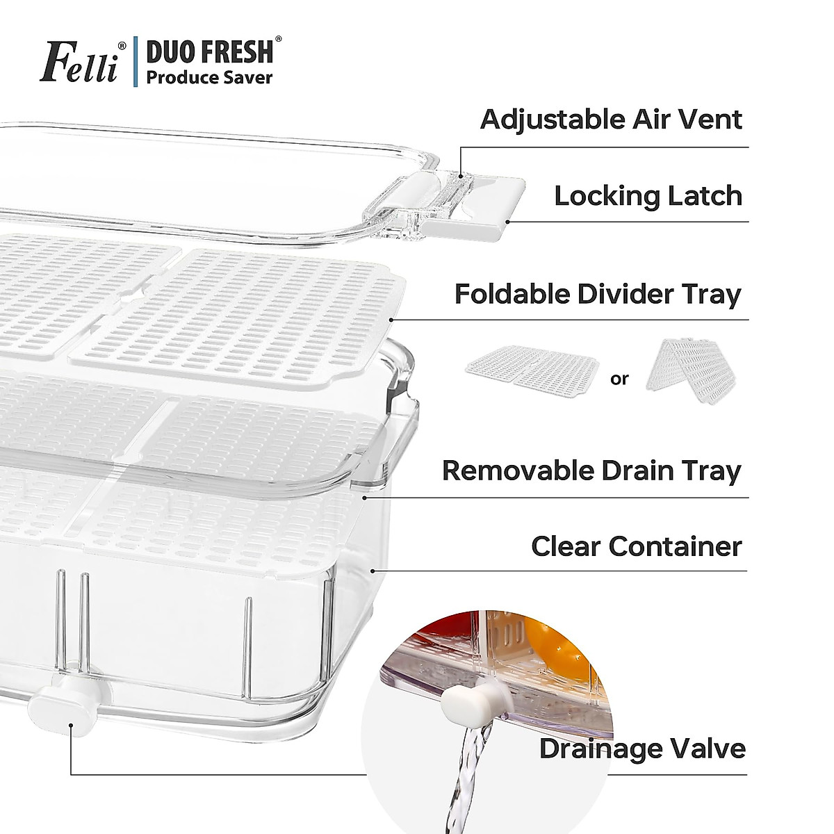 Felli Duo Fresh Produce Saver Container for Fridge + Vent, ALL IN ONE Fruit & Veggie Washing Basket with Drainer, Colander Tray | Kitchen Refrigerator Bin for Berry Vegetable Salad Keeper, Gifts