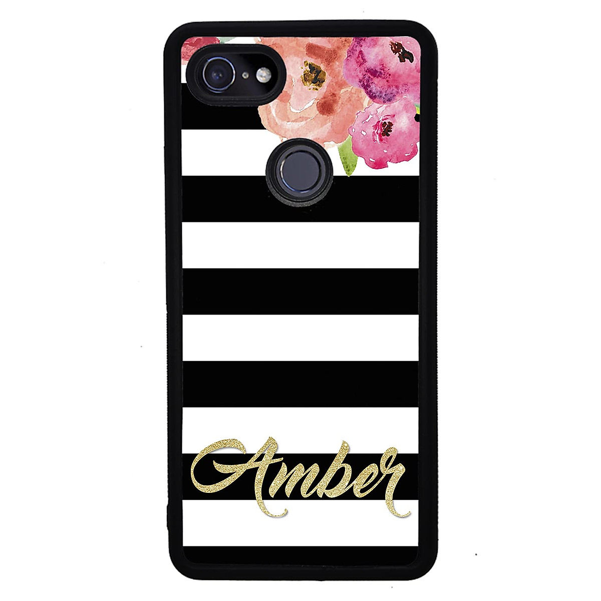 Golden Gold Personalized Flowers Black White Black Rubber Phone Case Compatible With Google Pixel 8 Pro, 8a, 8, 7a, 7, Pixel 7 Pro, 6a, Pixel 6 Pro, 6, 5, 4a 5G, 4a 4G, 4, 4 XL, 3a, 3a XL, 3