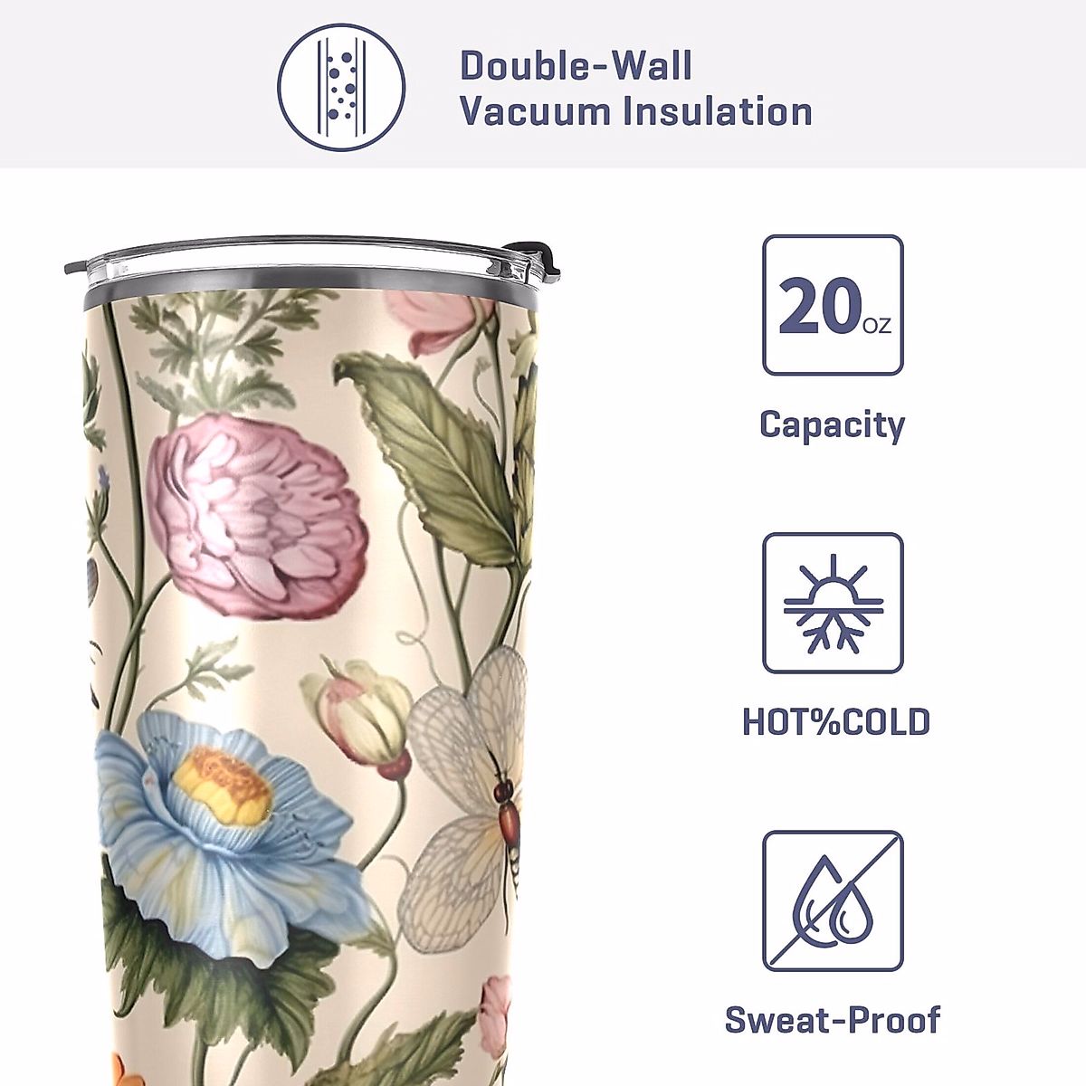 xigua Floral Dragonflies 12oz Tumbler with Lid and Straw, Stainless Steel Vacuum Insulated Coffee Tumbler Cup, Double Wall Travel Mug for Hot and Cold Drinks