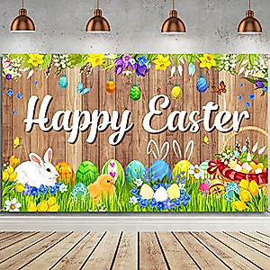 Happy Easter Decorations Easter Backdrops Photography Banner Bunny Grassland Rustic Wood Background Eggs Banner for Jesus Easter Spring Party Decorations, 70.8 x 43.3 Inch