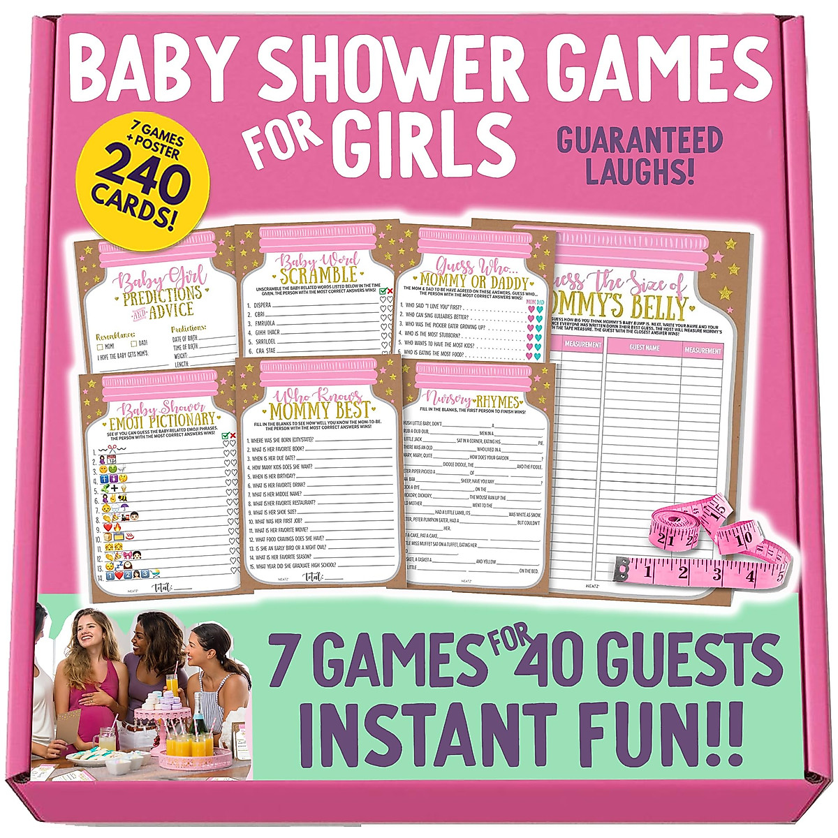 Neatz Baby Shower Games for Girl - Huge Set, 7 Games - Hilarious Baby Shower Games, Baby Prediction Cards, Mason Jar Baby Shower Decorations for Girl