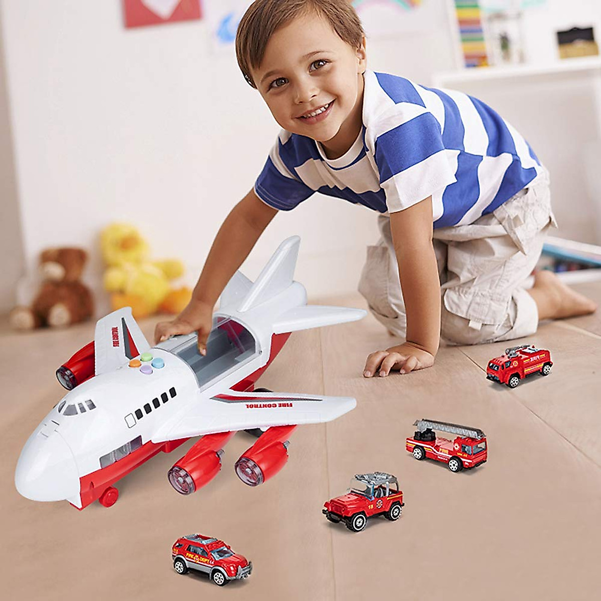 Car Toys Set with Transport Cargo Airplane, Educational Vehicles Fire Fighting Car Set for Kids Toddlers Child Gift for 3 4 5 6 Years Old, Large Play Mat, 6 Trucks Large Plane 11 Road Signs